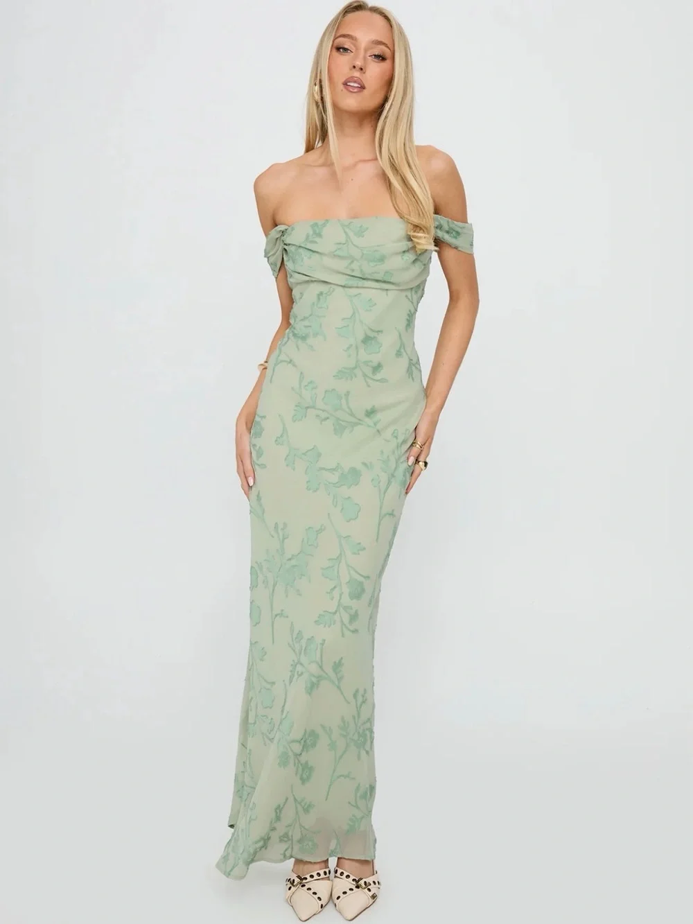 Princess Polly | Dresses | Princess Polly Sage Green Offshoulder Floral ...